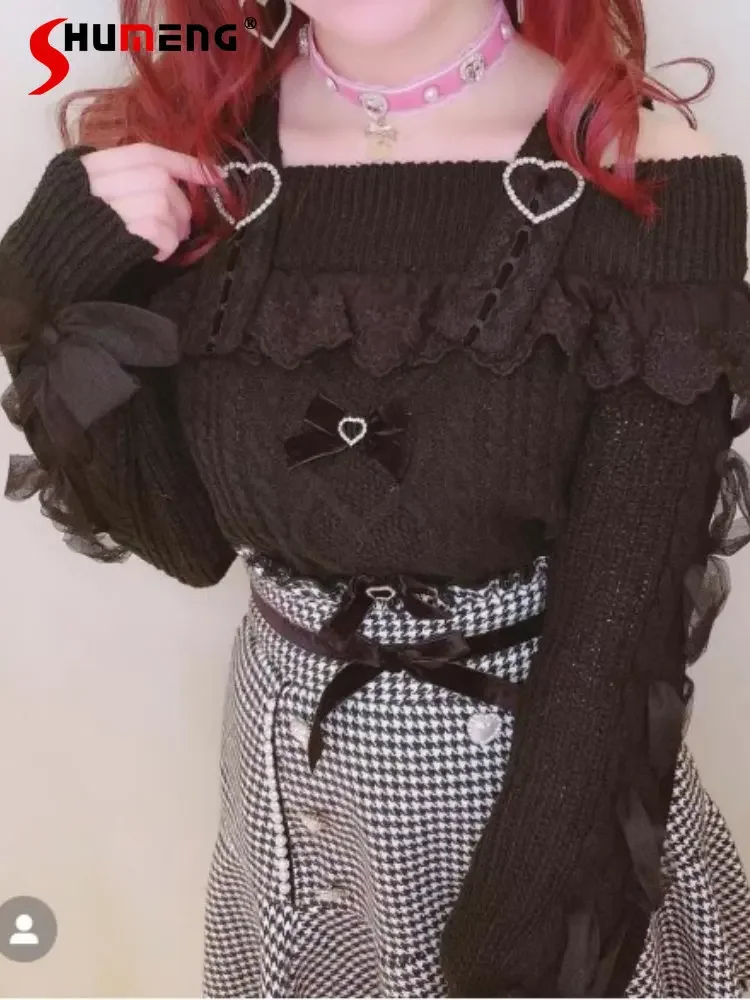 Classic Sweet Off-the-Shoulder Spaghetti-Strap Lace Sweater 2023 Fall ...