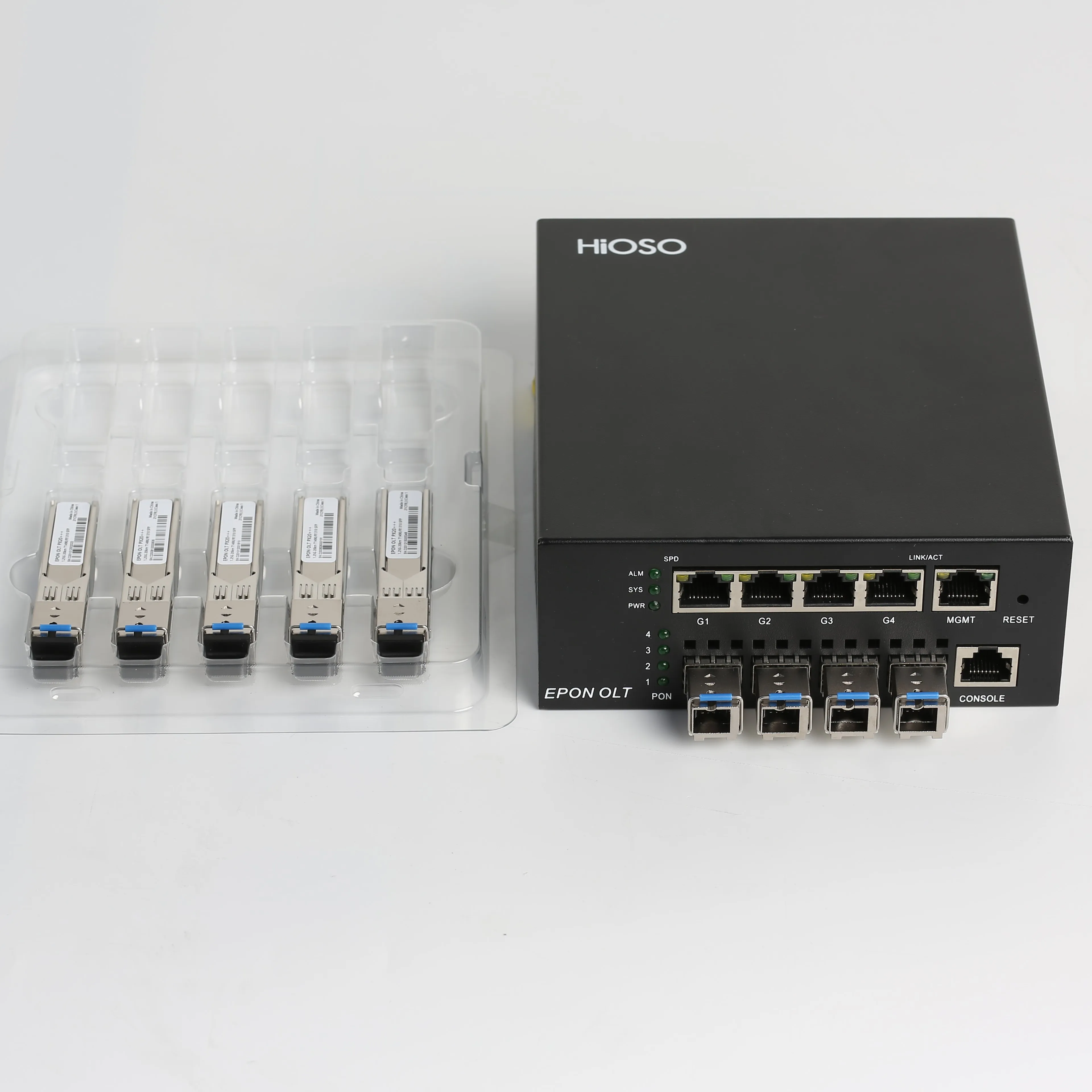 HIOSO MINI 4pon EPON OLT, 4 portas, DC12V, WEB, SNMP, CLI, 256 usuários, HUWEI, ZTE