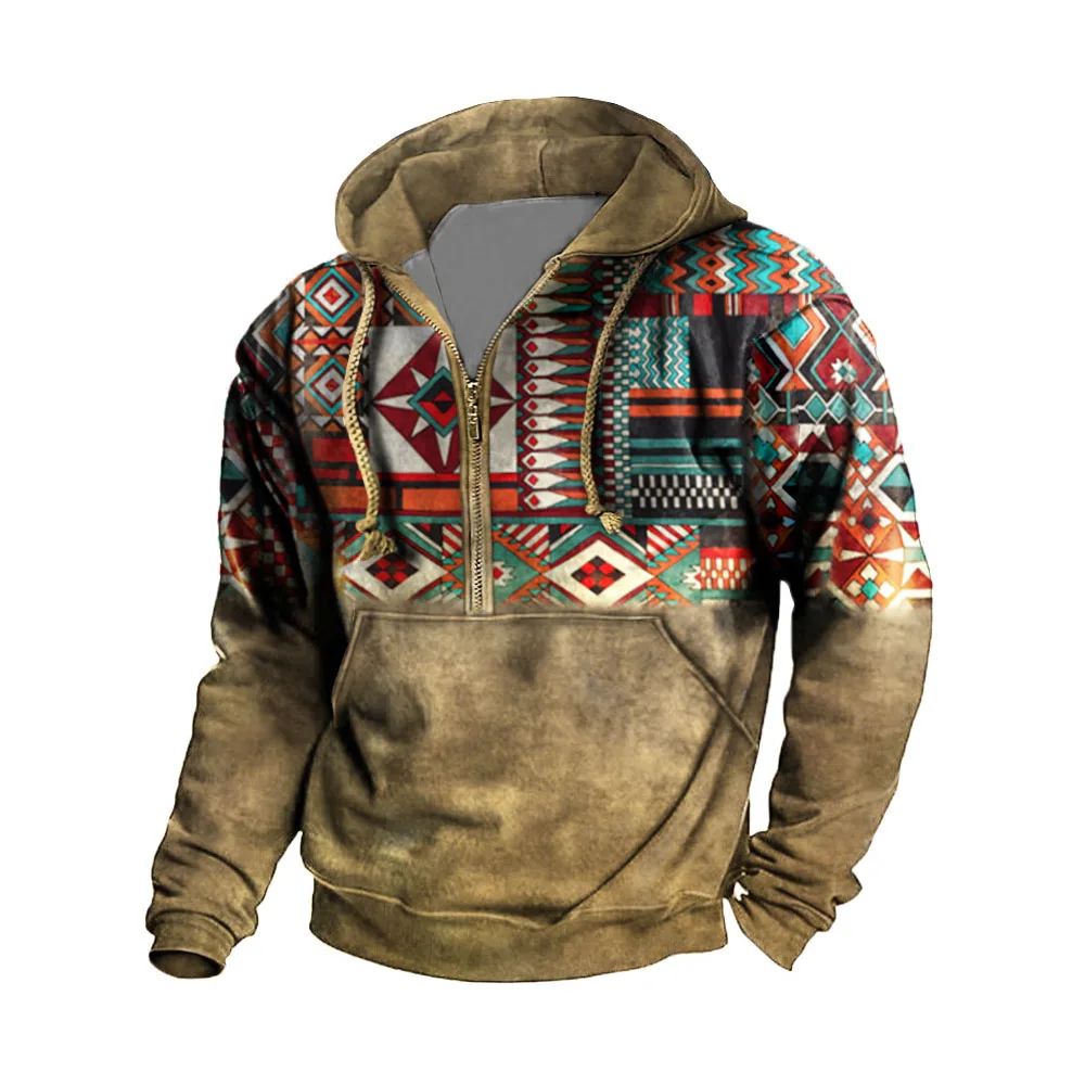 Western Aztec Hoodies For Men Ethnic Print Graphic Half Zip Pullover