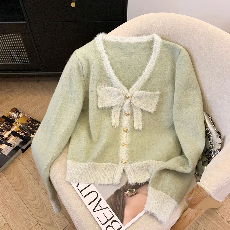 Elegant-Cardigan-Women-Bow-Bandage-V-Neck-2024-Spring-New-Single ...