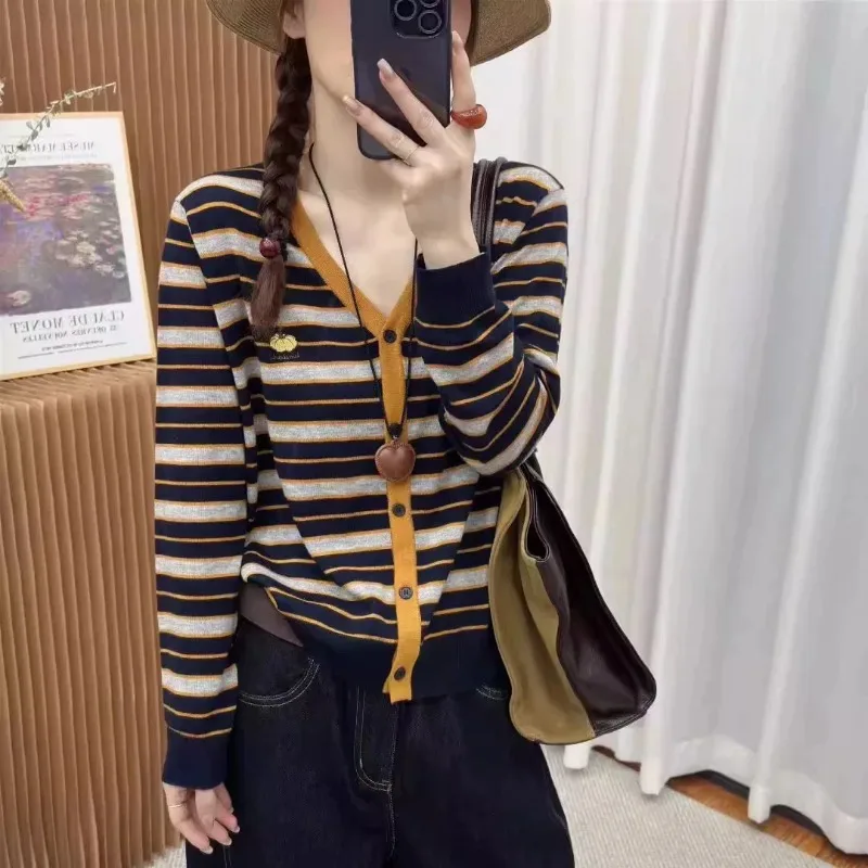Autumn New Thin Striped Loose Cardigan Sweater Wool Blend Material ...