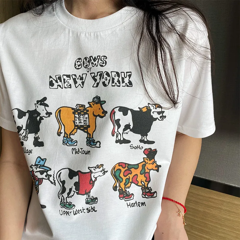 Funny-Cows-of-New-York-Graphic-Printing-Women-T-Shirts-White-Loose ...