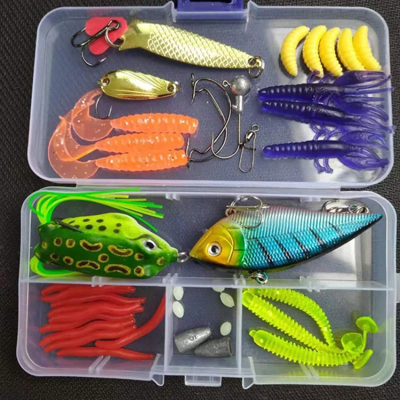 wondersee 40pcs Fishing Lure Kit Frog VIB Spoon Jig Head T-Tail Soft ...