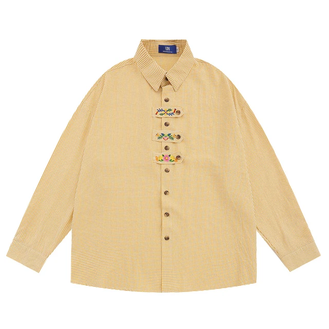 Flower Embroidery Loops Plaid Shirt Men Women Shirt Long Sleeve Button ...