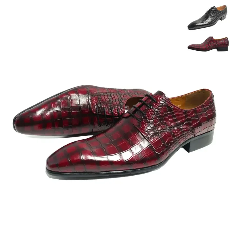 Red Printing Derby Shoes Formal for Men Luxury Lace Up Genuine Leather ...