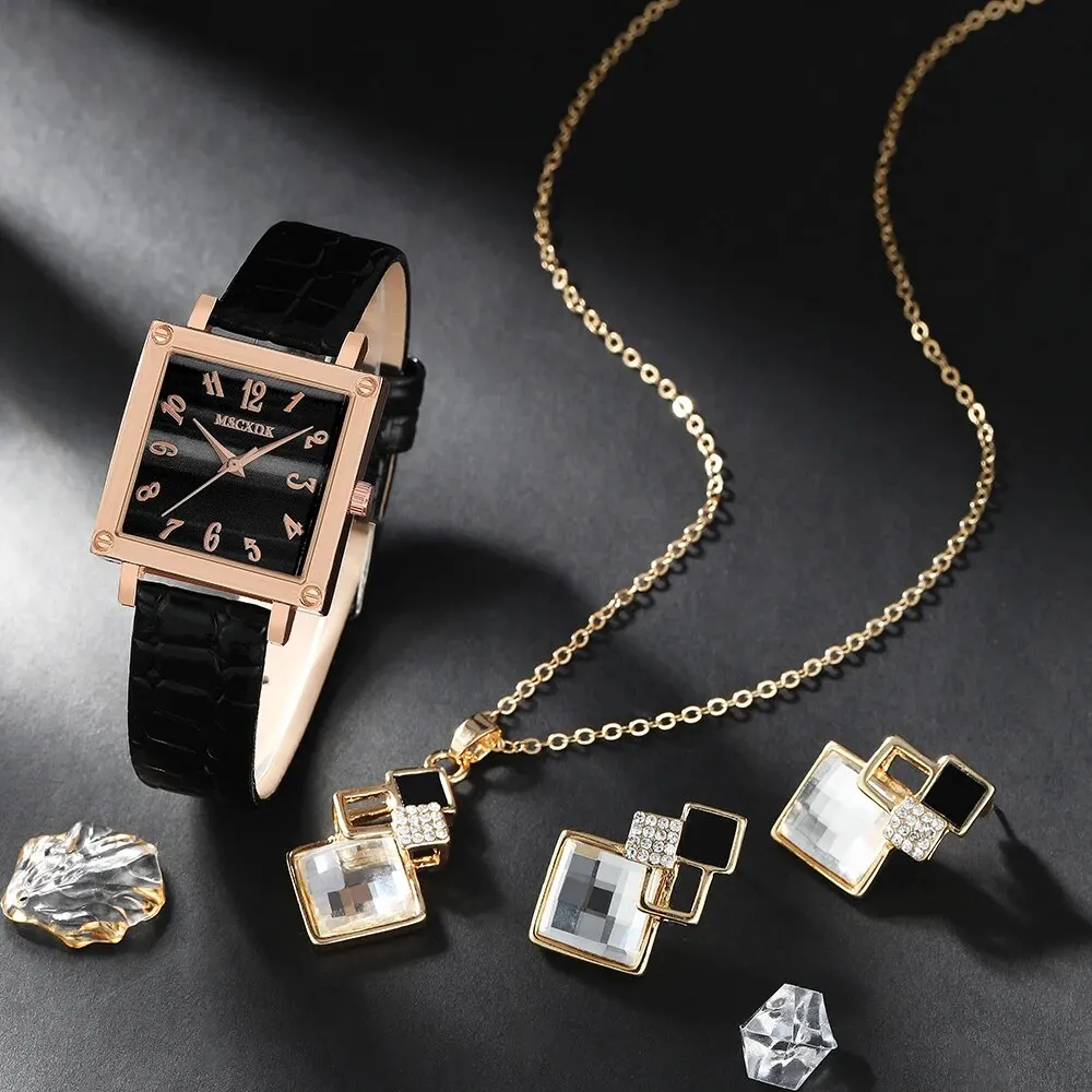 4PCS-Set-Women-Elegant-Quartz-Watch-Analog-Wristwatch-Necklace-Earrings ...