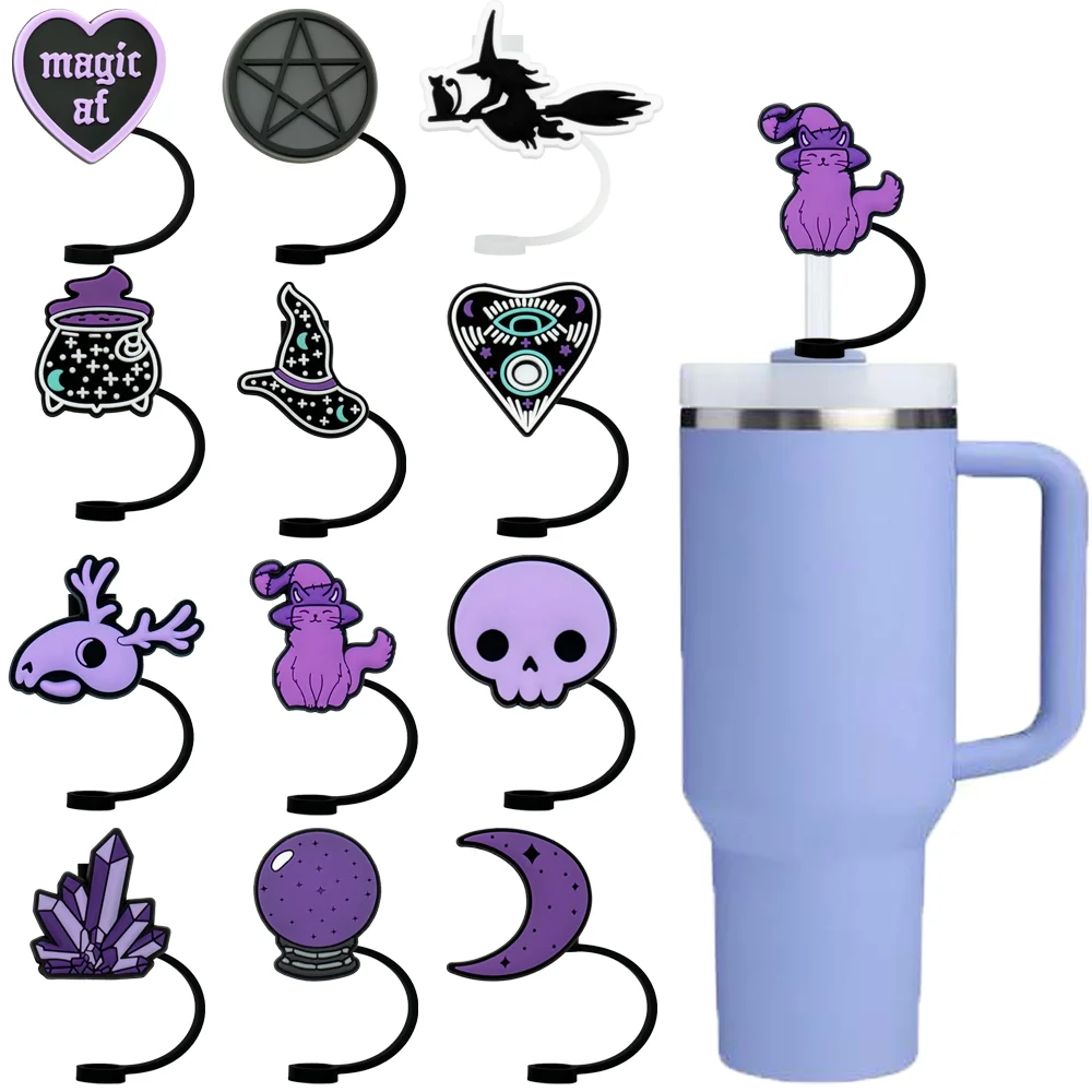 1-12PCS Silicone Magic Purple Straw Toppers for Cup,Witches Cat Moon ...