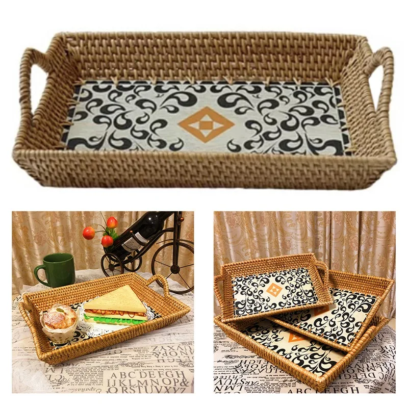 Woven-Rectangular-Storage-Basket-Handmade-Rattan-Food-Tray-Fruit-Basket ...