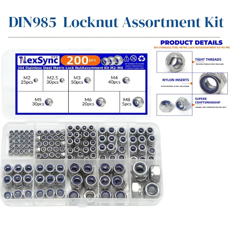 200pcs DIN985 Hex Nylon Insert Self Lock Nut Nylock Locknut Assortment ...