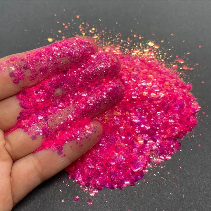 50g Hot Pink Iridescent Chunky Glitter Powder Ultra-thin Mix Hexagon ...