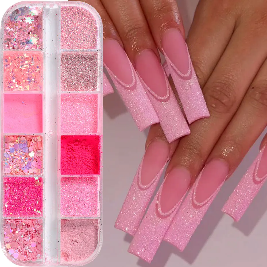12Grid Pink Glitter Nail Powder Mixed Holographic Hexagon Irregular ...