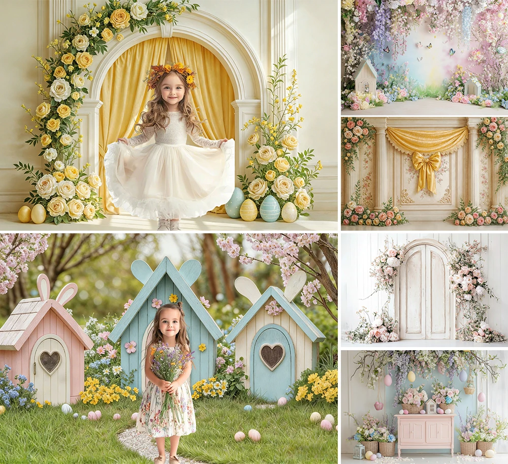 Spring Easter Photography Background Flowers Bunny Eggs Wood Door Kids ...