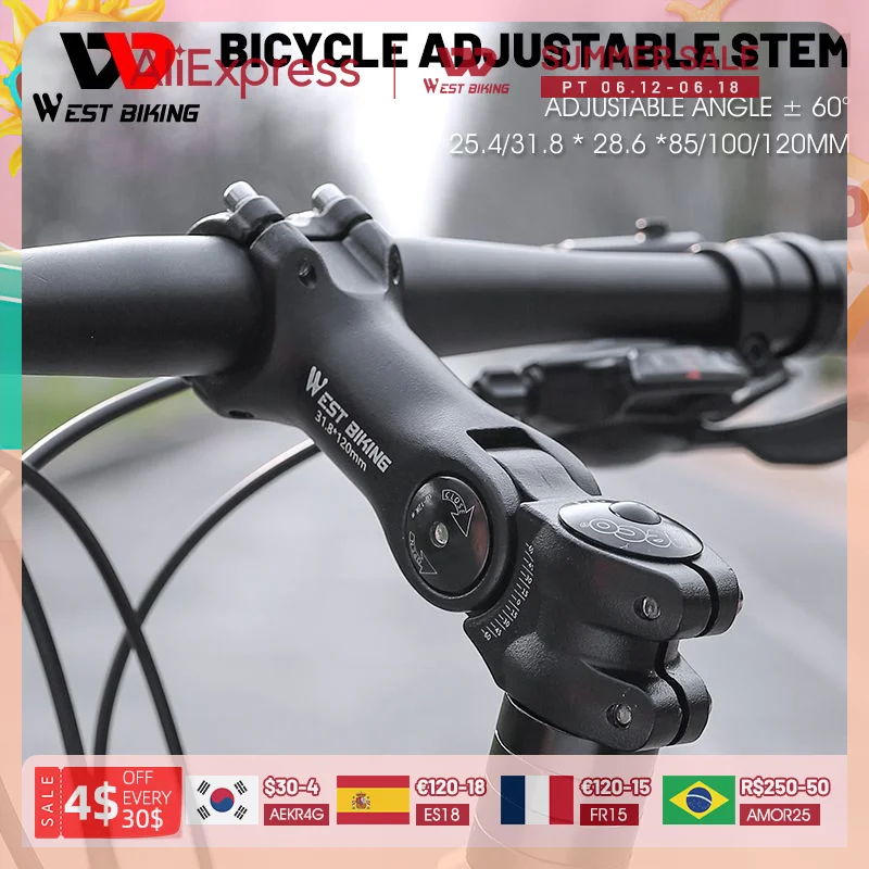 West Biking Adjustable Bicycle Handlebar Stem Variable 60 Degree Angle ...
