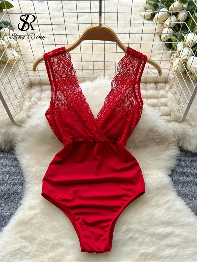 SINGREINY dantel Backless Bodysuit kadınlar bandaj organları seksi ...