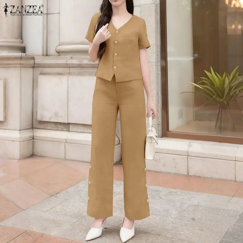 ZANZEA Women Long Pant Sets Spring Summer Loose Matching Sets Solid ...