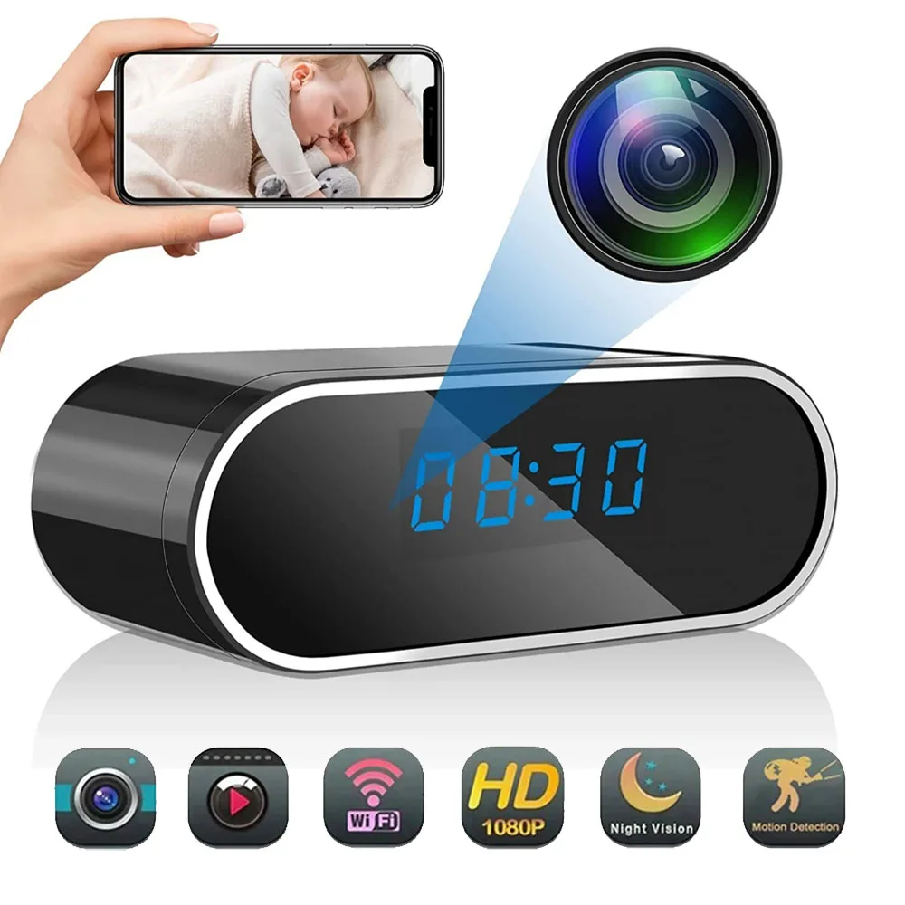 Mini-Camera-Clock-HD-1080P-Wireless-WiFi-Camera-Control-IR-Night-Vision ...