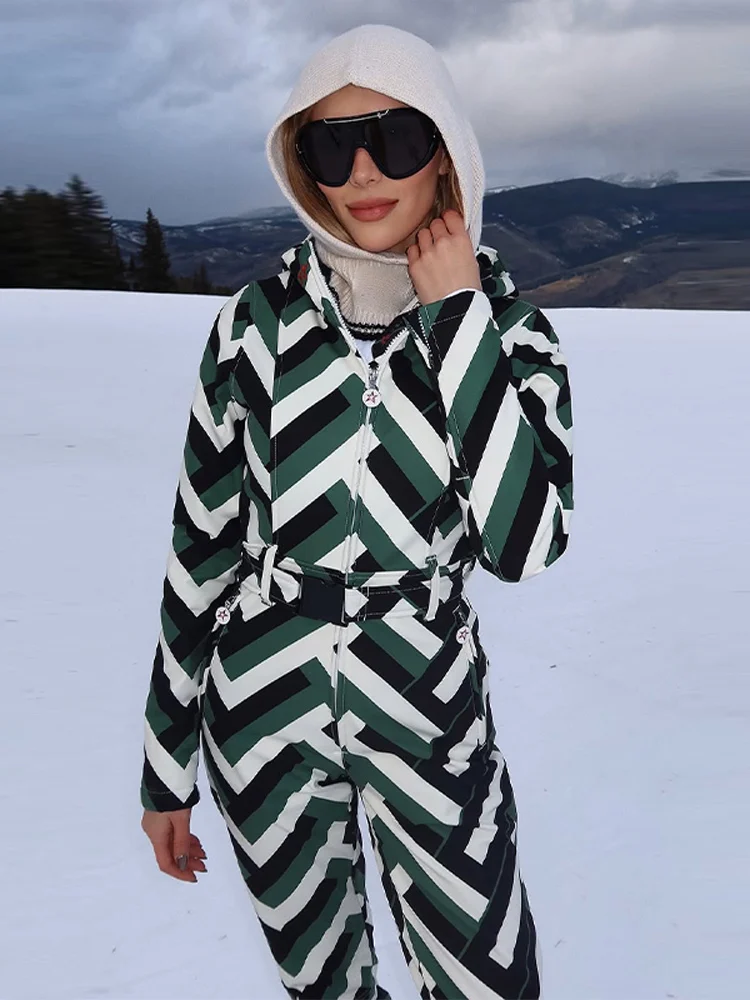 Women's Jumpsuits Hooded Waist Cinching Striped Skiwear Fashion Female ...