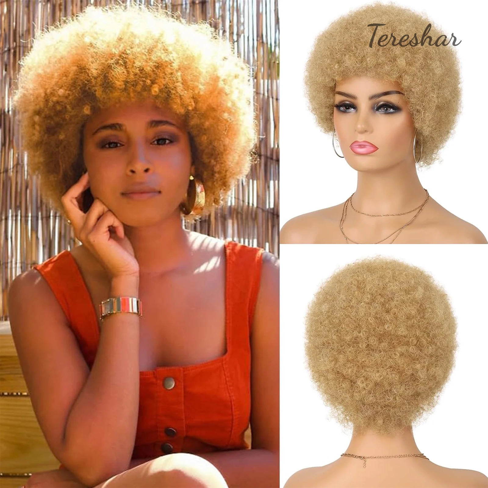 Tereshar Human Hair Short Afro Curly Wigs for Black Women 70s Afro Puff ...
