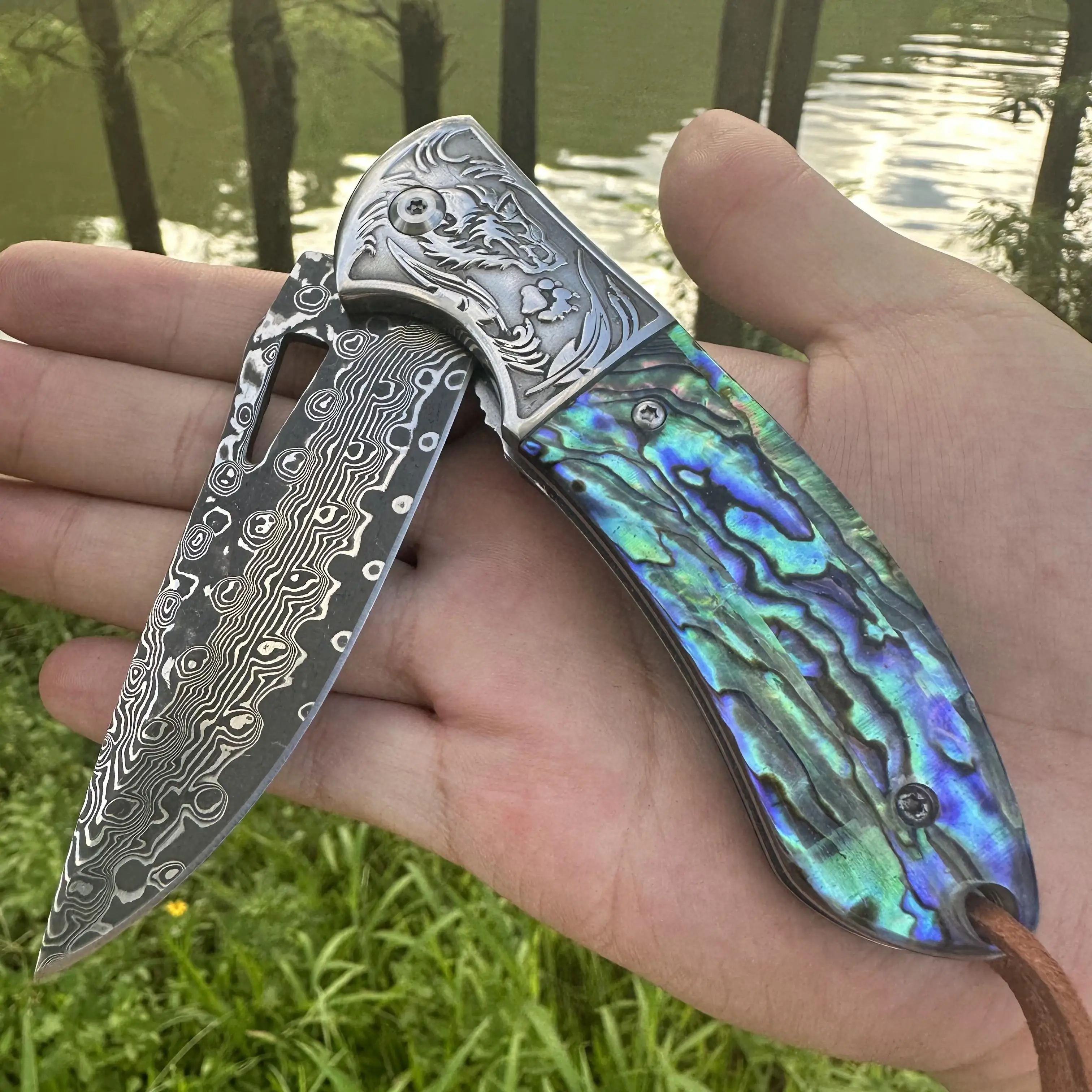 Topwell-Handmade-VG10-Damascus-Folding-Knife-Abalone-Shell-Handle-Ball ...