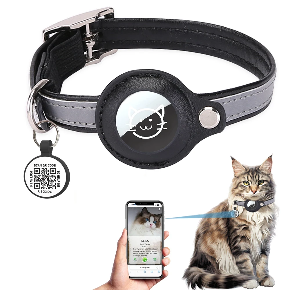 Airtag Holder Cat Collar with QR Tag, Cat Accessories Reflective PU ...