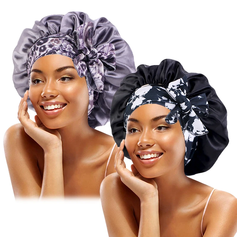 2PCS/LOT Women's Satin Bonnet With Wide Stretch Ties Band Long Tail ...