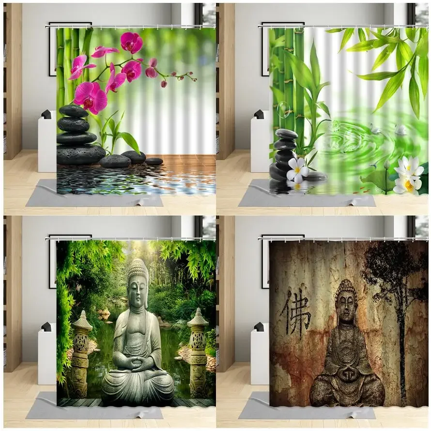Vintage-Buddha-Zen-Shower-Curtains-Black-Stone-Green-Bamboo-Orchid-Spa ...