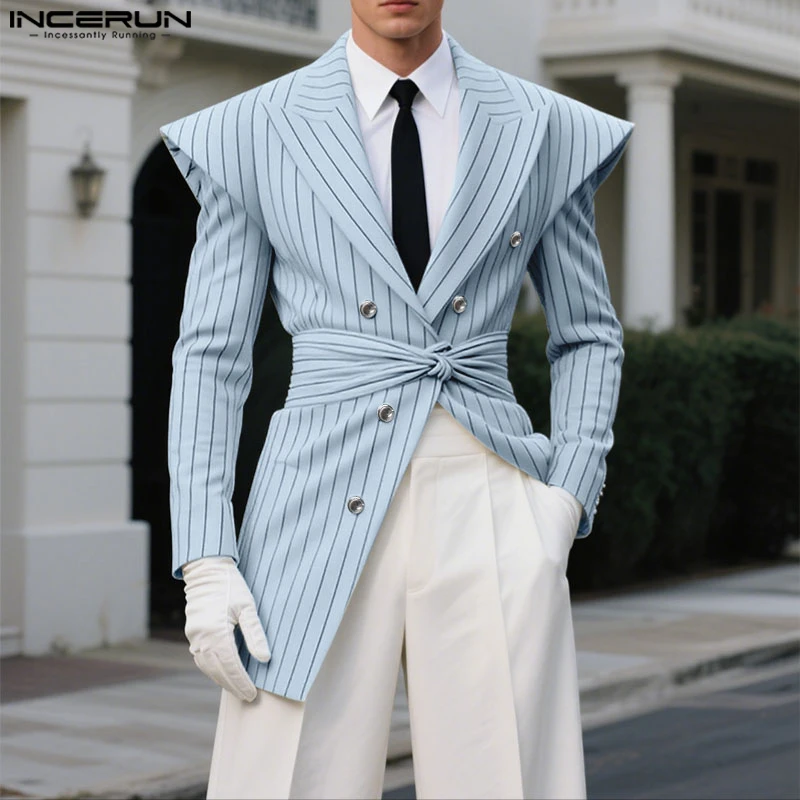 INCERUN Men Striped Blazer Lapel Long Sleeve Lace Up Casual Male Suit ...