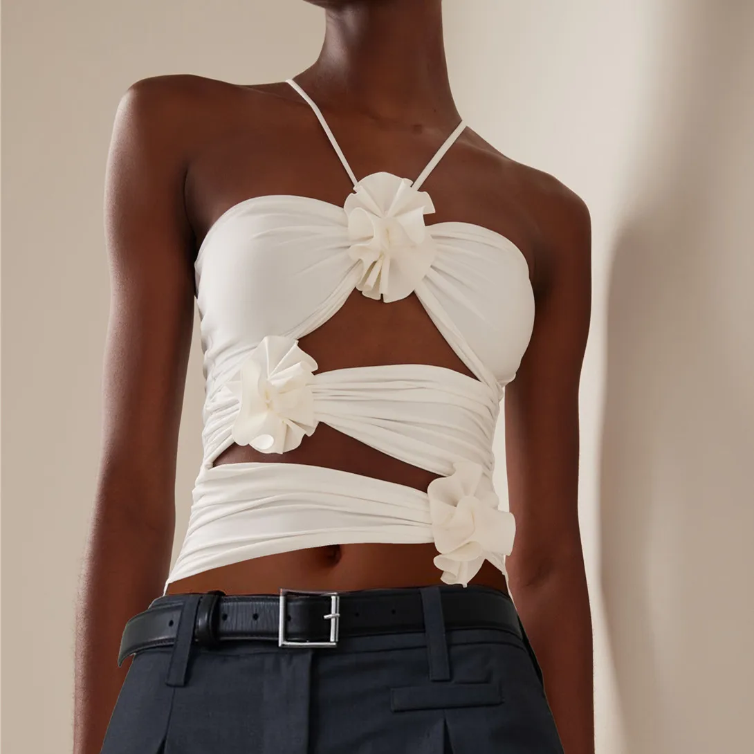 hirigin Chic 3D Floral Strap Crop Tops for Women Sleeveless Bodycon Cut ...