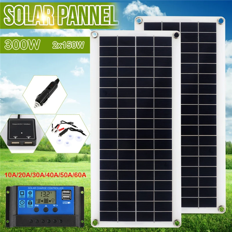 150w 300w Solar Panel Kit 12v Charge Battery With 30a 60a Controller ...