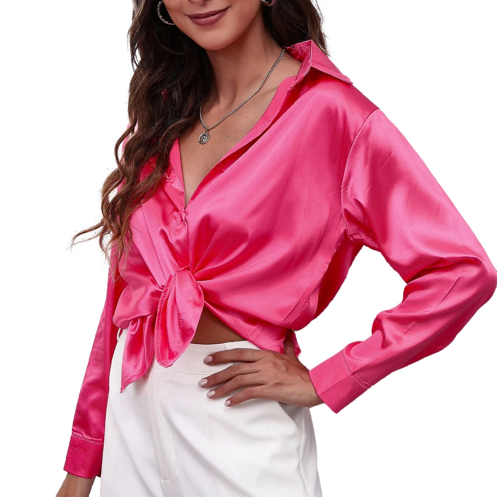 Fashion-Women-s-Satin-Silky-Shirts-And-Blouses-Solid-Color-OL-Long ...