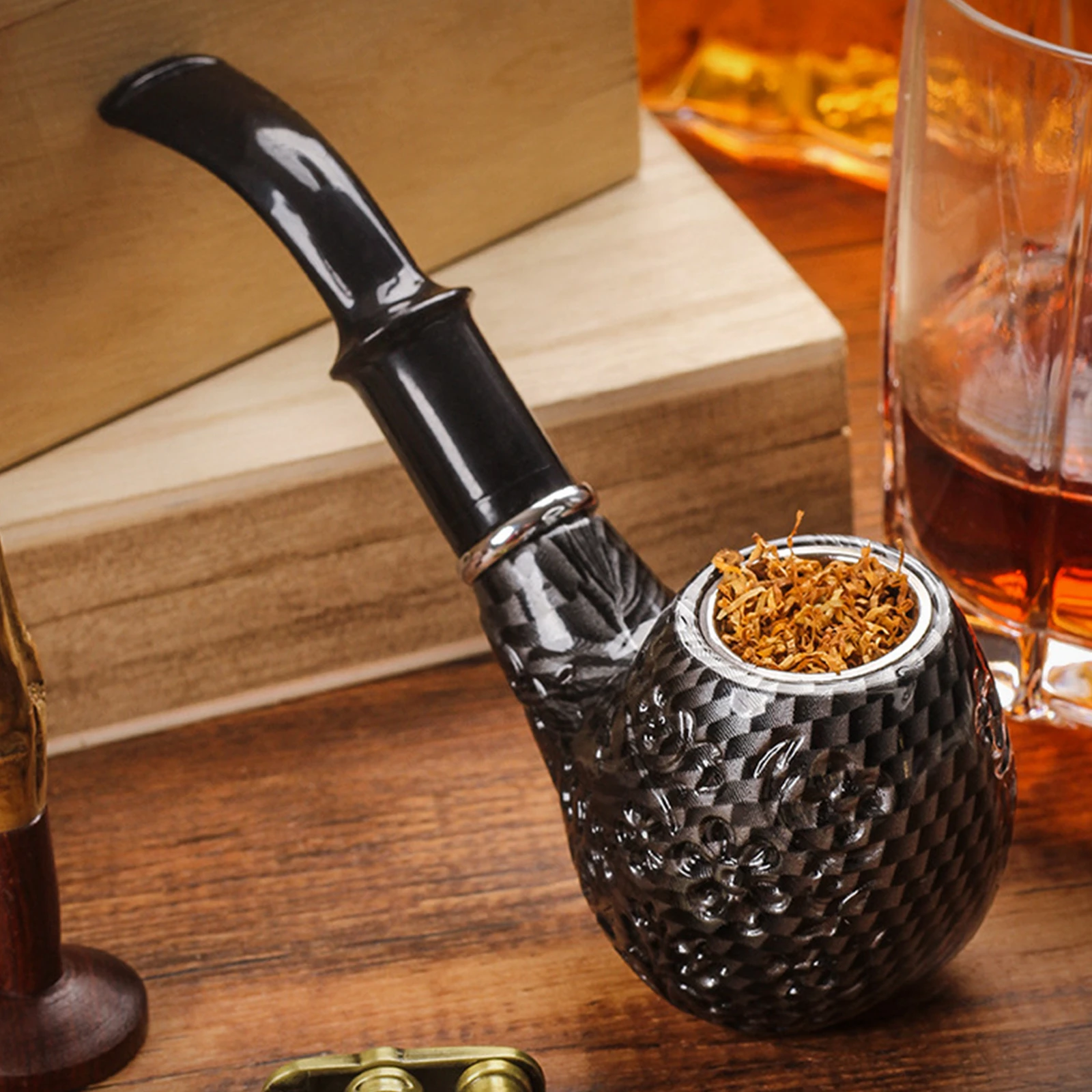 1pc Cigarette Tobacco Black Carved Curved Resin Pipe, Detachable Resin ...