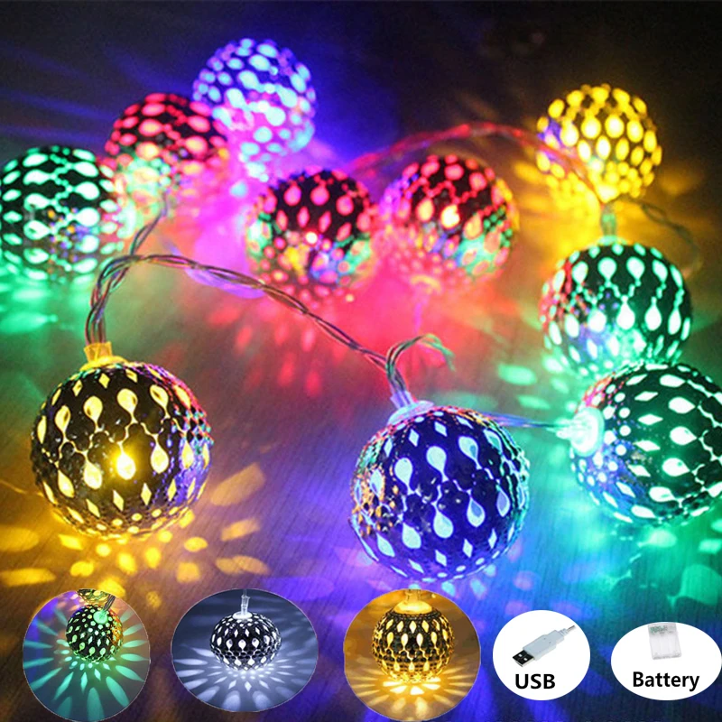 3M-5M-10M-LED-Globe-String-Lights-Moroccan-Silver-Metal-Balls-Battery ...