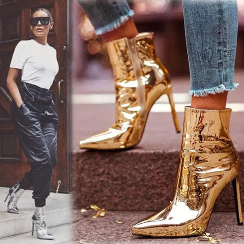 Design Ankle Boots Women Fashion Zipper Pointed High Heels Gold Silver ...