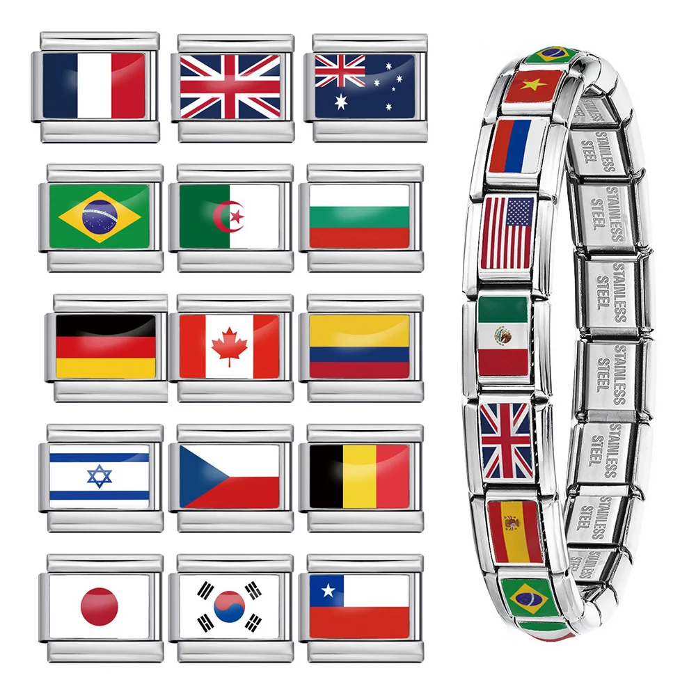 URING New Fashion Silver Color World National Flag Italian Charm Link ...