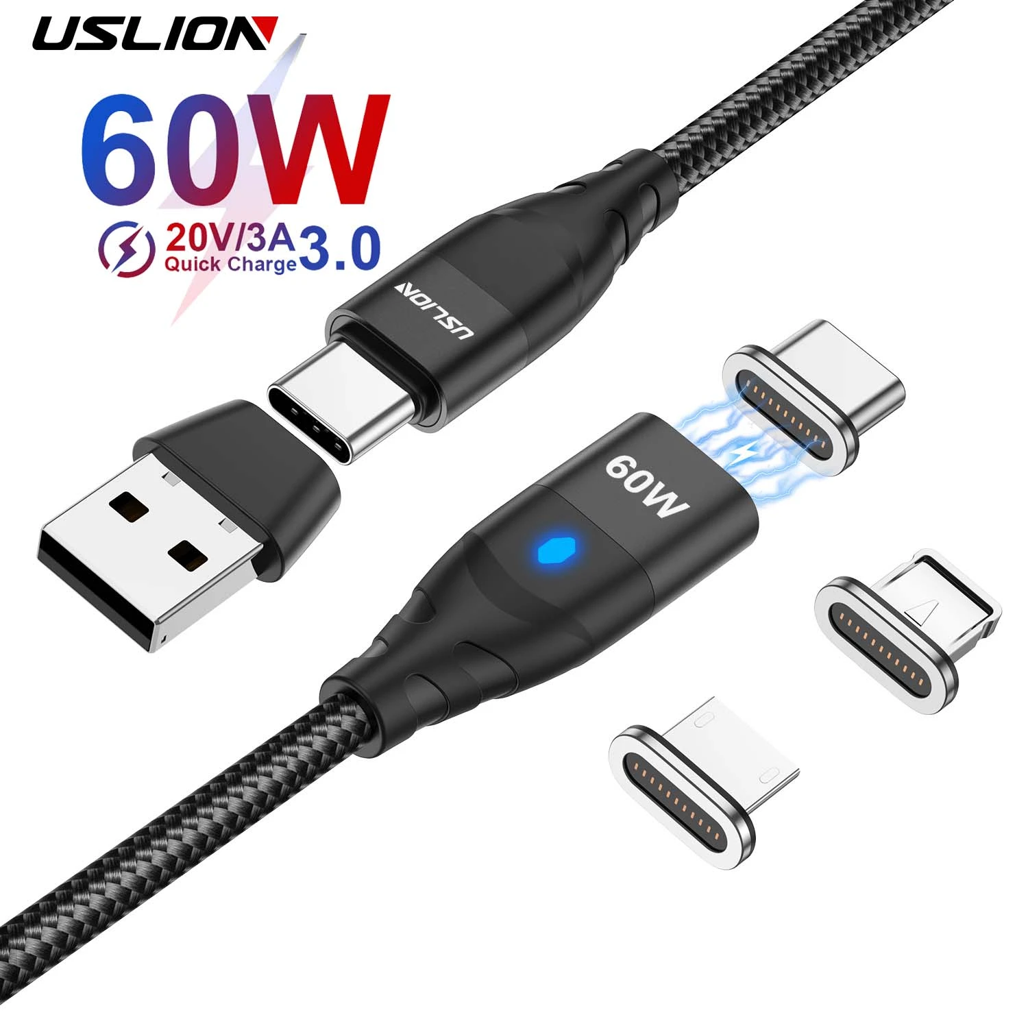 Uslion 2 In 1 60w Type C To Type C Magnetic Fast Charging Data Cable ...
