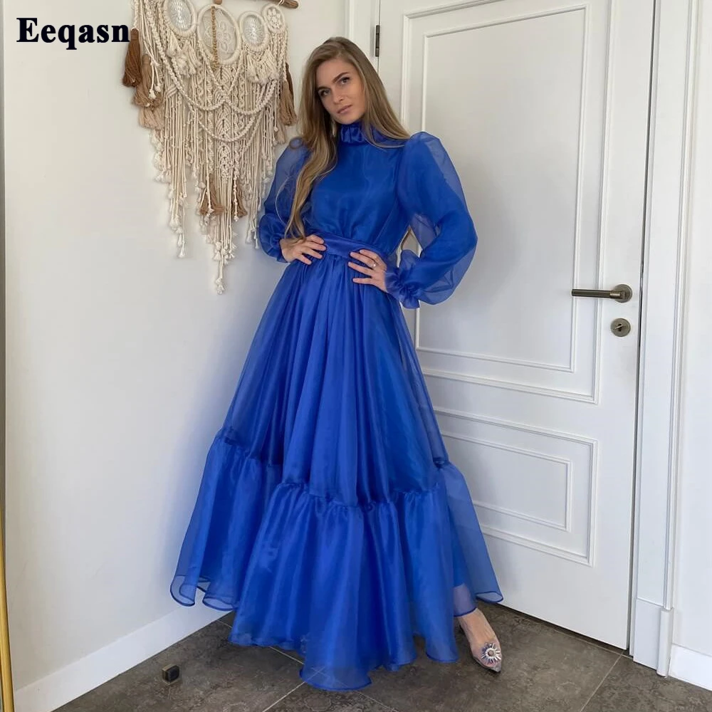 Simple Royal Blue Organza Midi Prom Dresses Lined Long Puff Sleeves ...