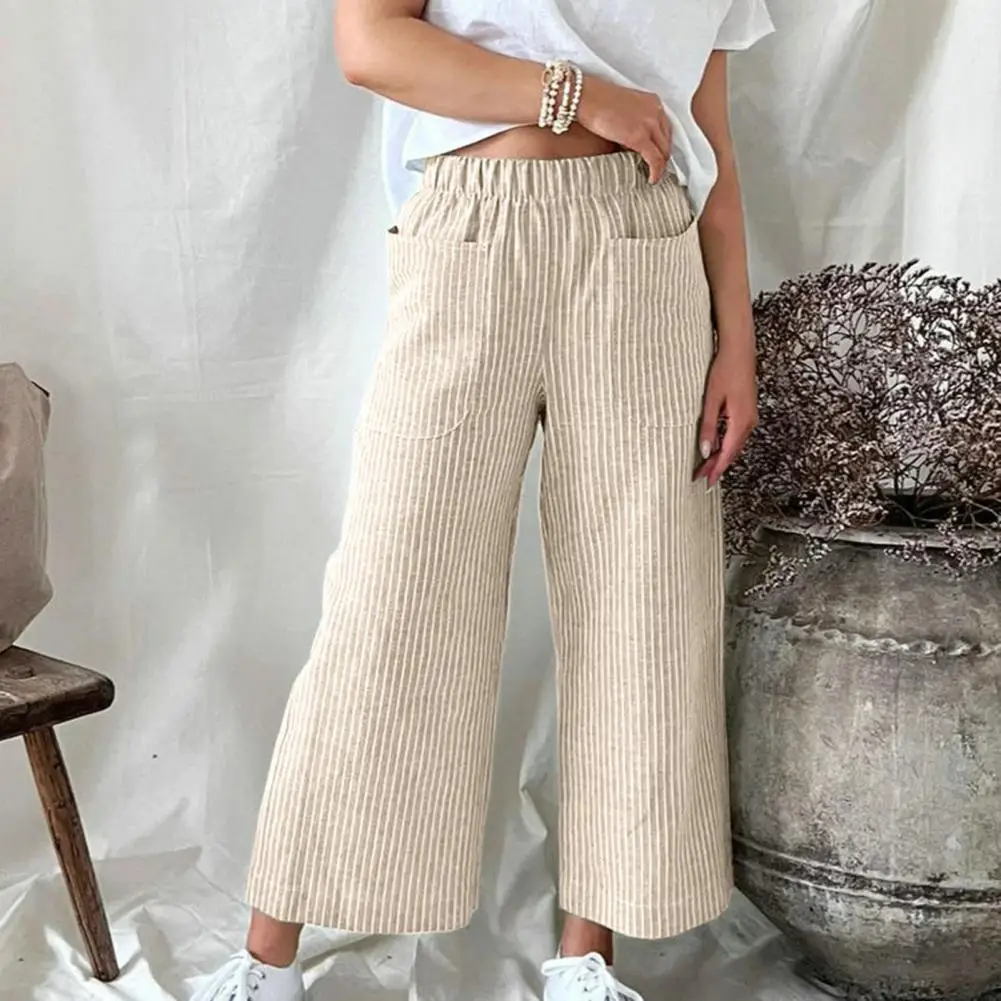 High-Waist-Elastic-Waistband-Lady-Slacks-Big-Pockets-Vertical-Striped ...