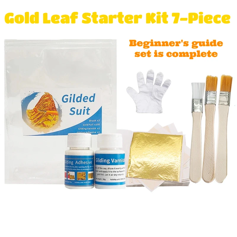 7-Piece - Gold Leaf Starter Kit Gilding Glue/Protective Varnish/Deco ...