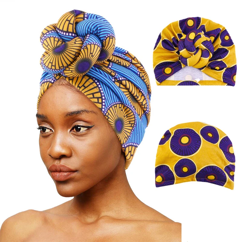 African Print Women Large Flower Stretch Turban Hat Headwrap Bonnet Hat ...