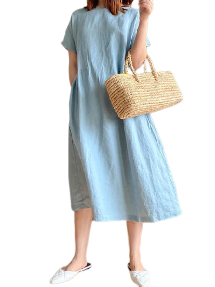 Frauen Leinen Baumwolle Kurzarm O Neck Midi Kleid Sommer Casual Vintage Lose Einfarbig Kleider ...