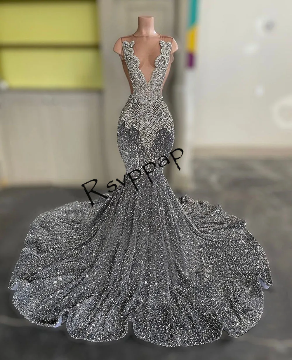 Real Picture Silver Mermaid African Black Girl Prom Dresses 2023 Handmade Diamond Sleeveless ...