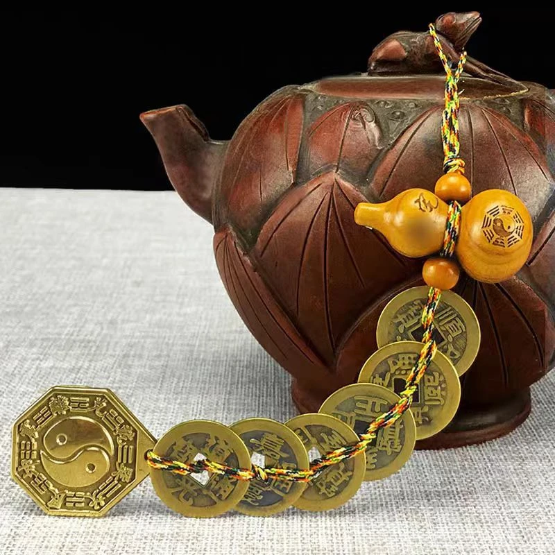 Brass Five Emperor Coin hanging, Peach Wood Gourd Copper Coin Bagua ...