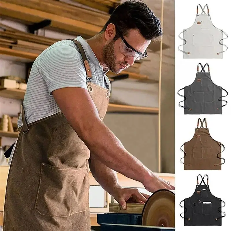 Fashion-Canvas-Kitchen-Chef-Multi-Pockets-Work-Aprons-For-Woman-Men-Bar ...