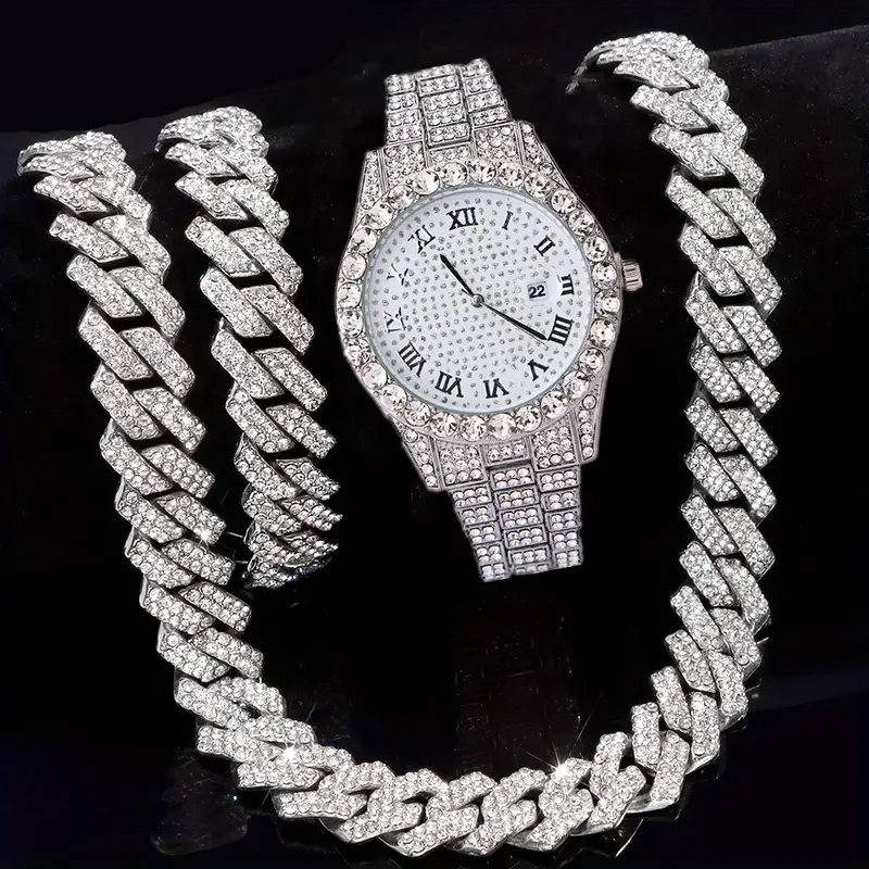 3 pçs/set colar + pulseira + relógio de corrente cubana para homens hip ...