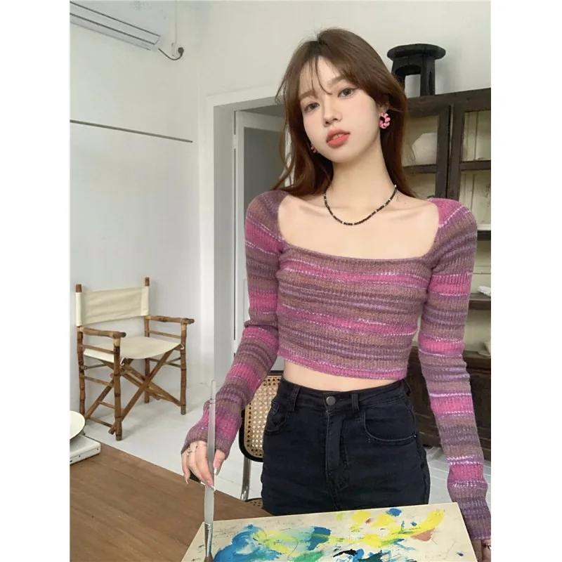 프렌치 스타일 스퀘어 칼라 오프 숄더 스트라이프 스웨터 여성용 봄 서양식 나이 감소 슬리밍 디자인 감각 틈새 긴팔