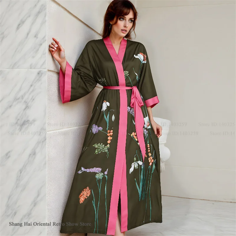 Print Flower Long Robe Loose Casual Female Kimono Gown Bathrobe Spring ...