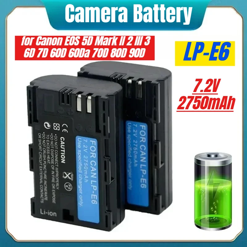 2750mAh LP-E6 Camera Battery for Canon EOS 5D Mark II 2 III 3 6D 7D 60D ...