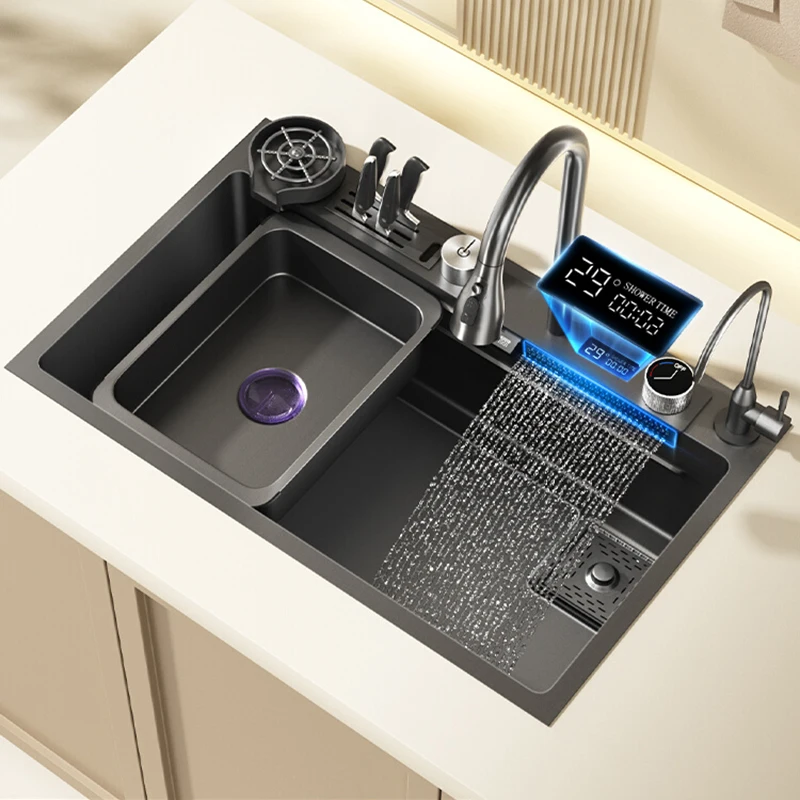 Digital-Display-Waterfall-Kitchen-Sink-Nano-Stainless-Steel-Vegetable ...