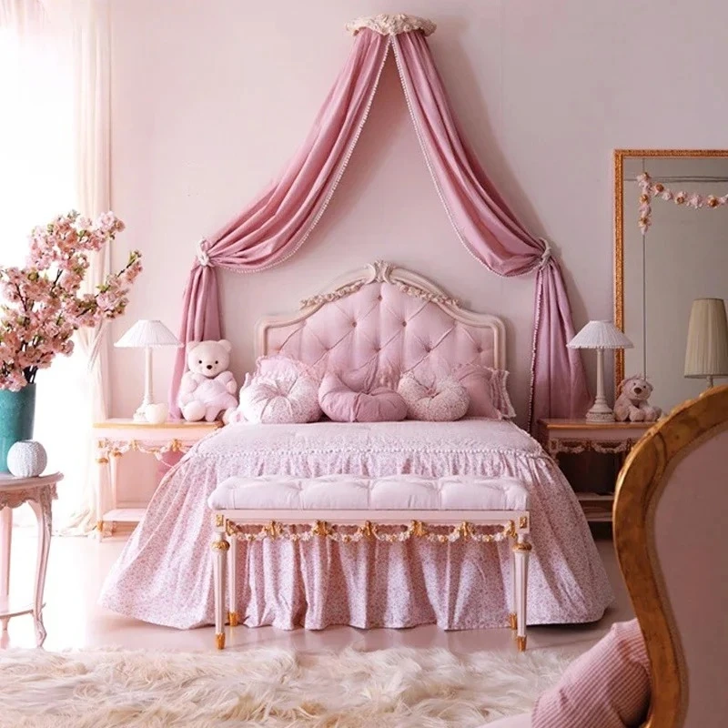 Solid wood pink princess bed European leather art girl single bed ...
