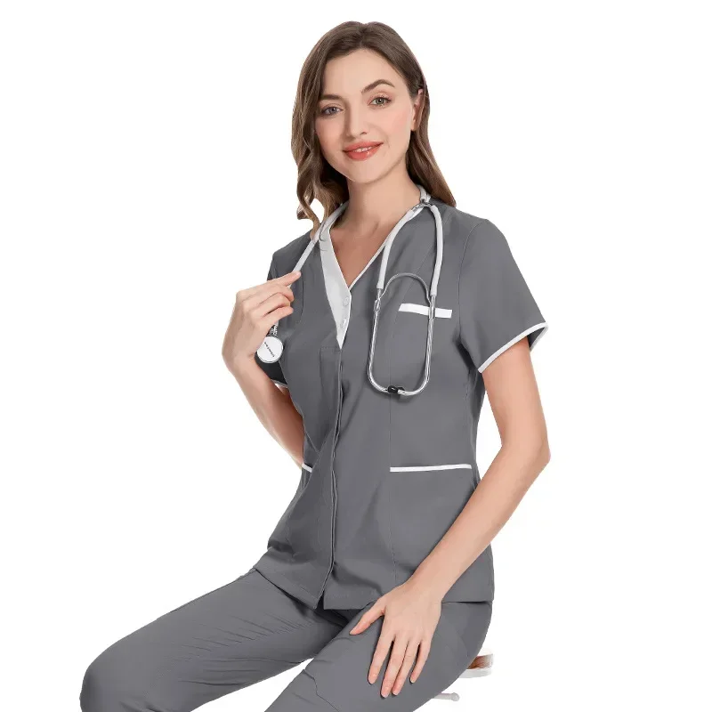 Surgical-clothing-beauty-salon-work-clothes-doctor-short-sleeved-tops-V ...